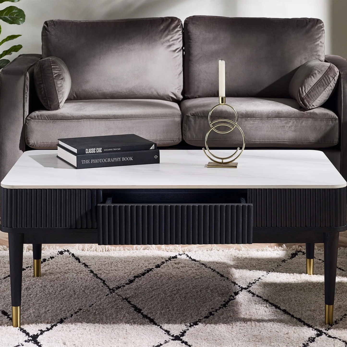 Julian Bowen Louis Fluted Stone Top Coffee Table With 2 Drawers - Blac ...