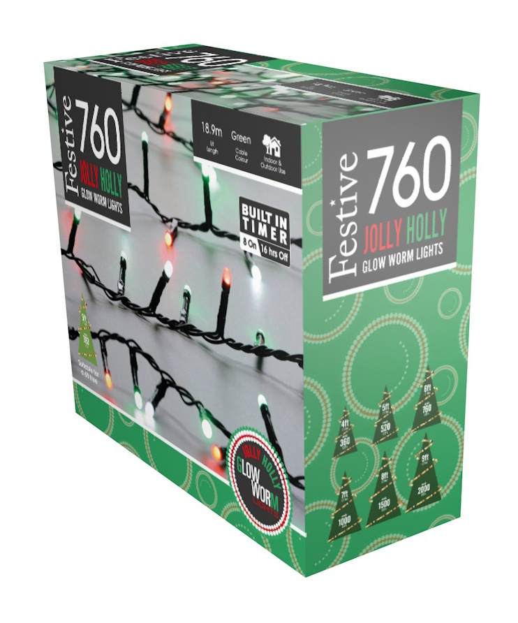 Festive 760 Glow-Worm Lights - Jolly Holly - 18.9m | Downtown