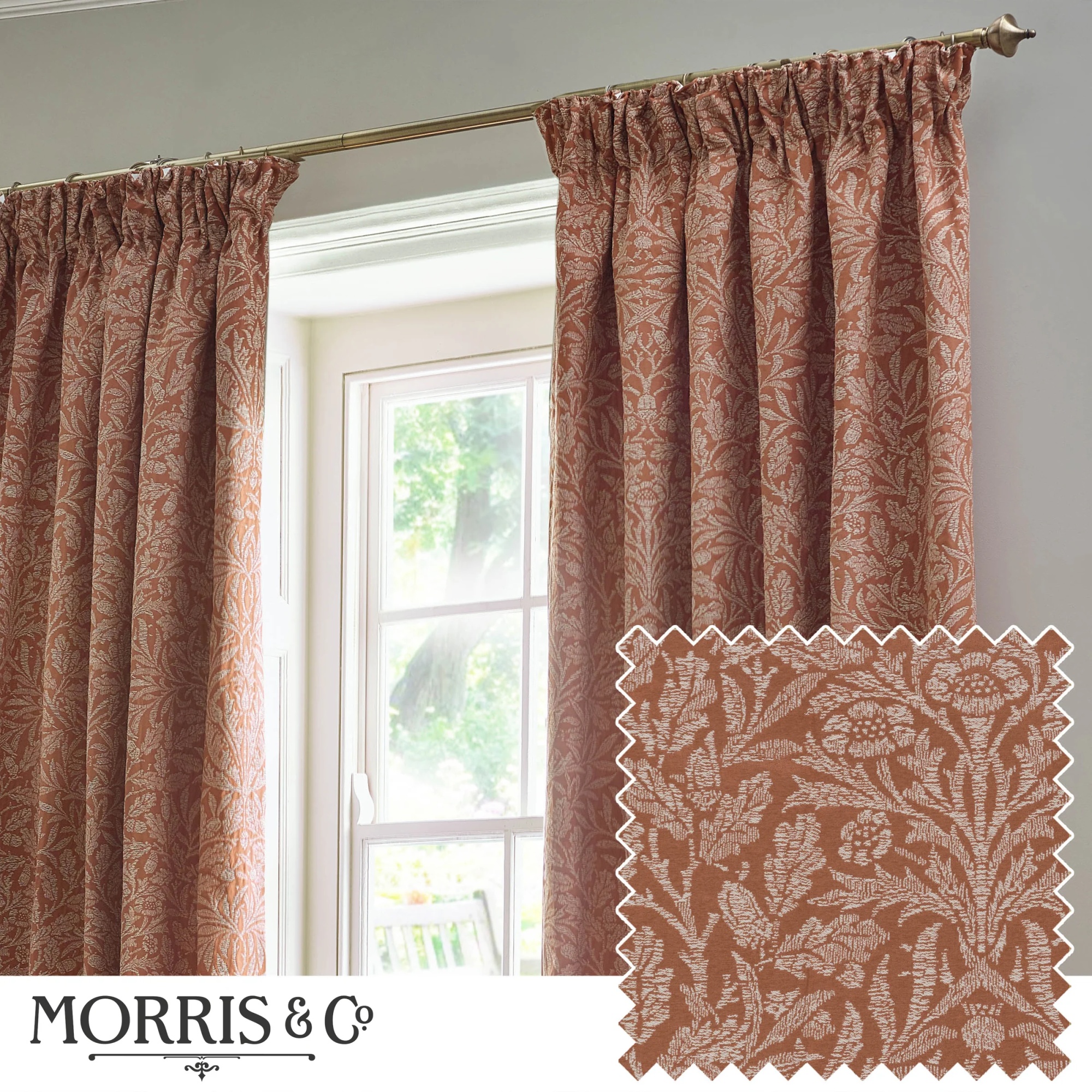 Morris & Co Acorn Tonal Pencil Pleat Curtains - Brick | Downtown