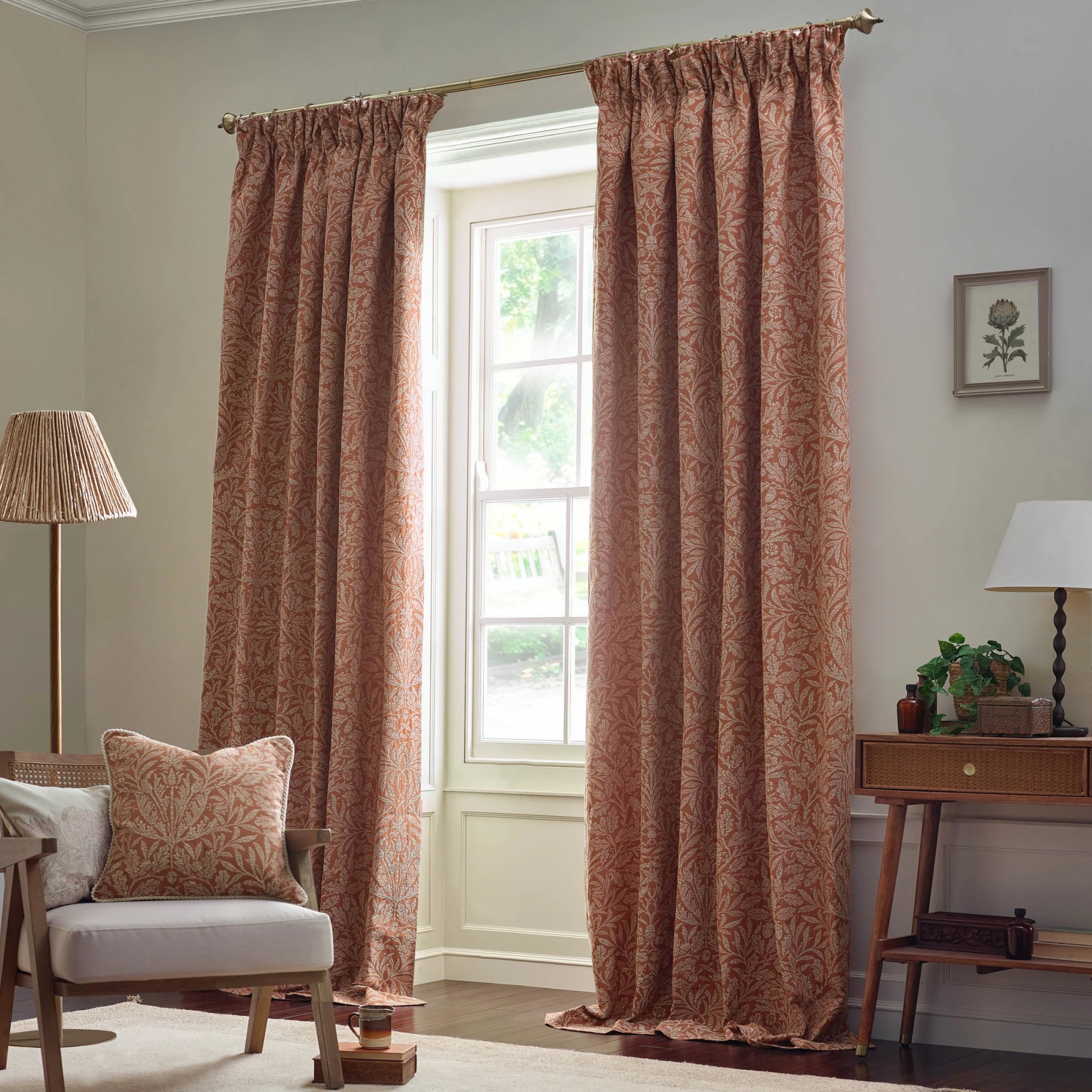 Morris & Co Acorn Tonal Pencil Pleat Curtains - Brick | Downtown